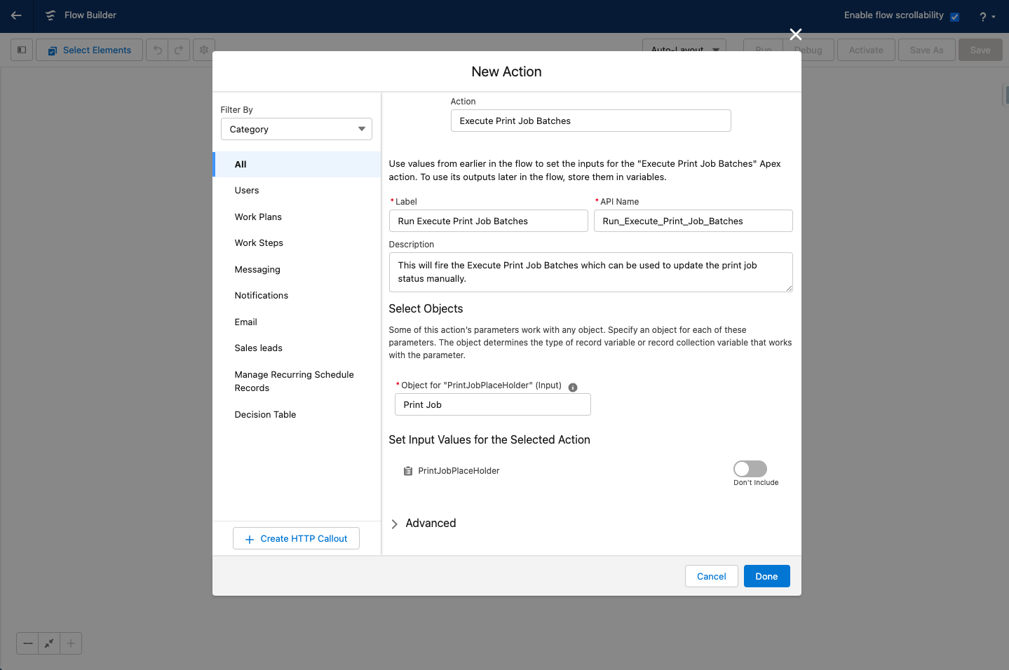 Execute Print Job Batches Invocable Action 