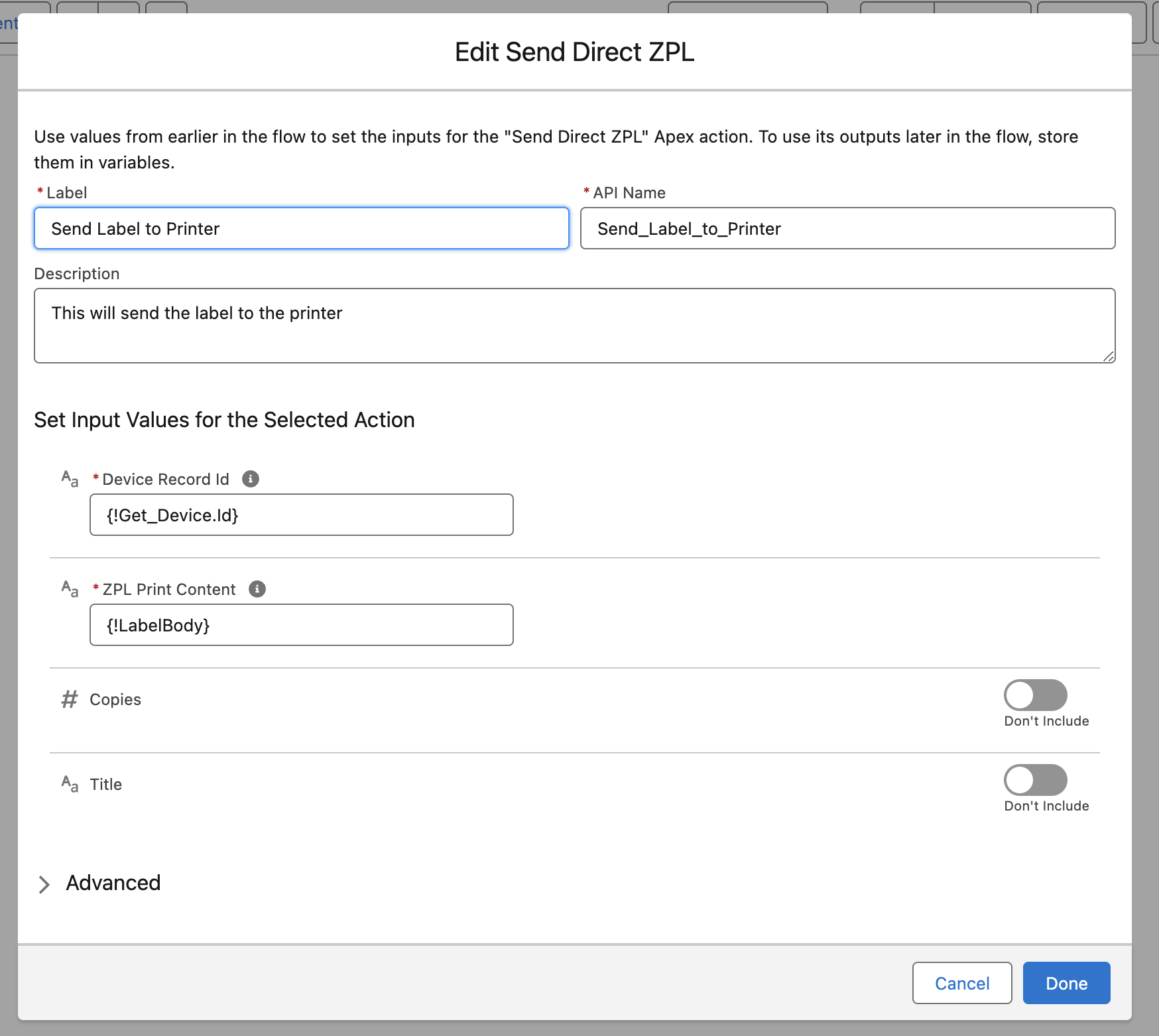 Using the 'Send Direct ZPL' Action in a Flow